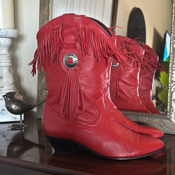 Vintage | Shoes | Vintage Acme Red Leather Fringe Pointed Toe Cowboy ...
